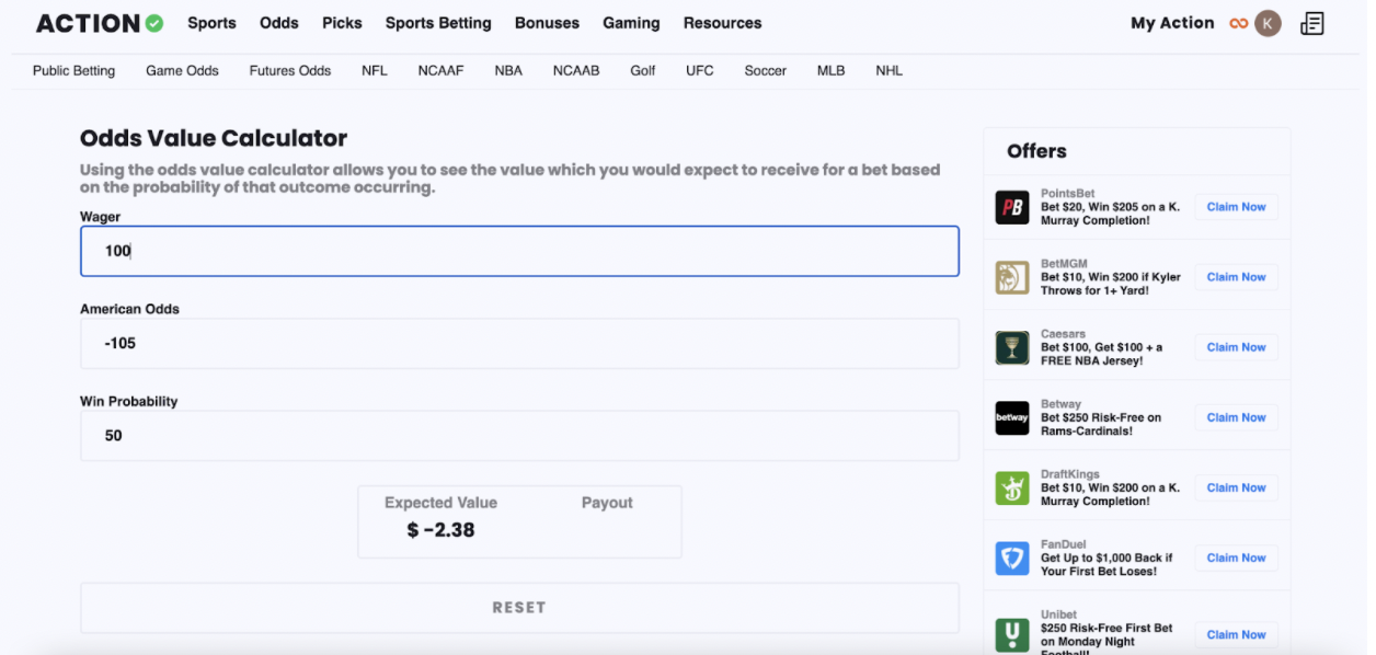 Odds Value Calculator – Action Network